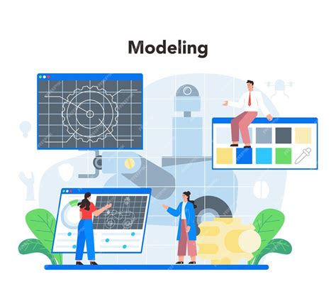 로봇 공학 개념 로봇 공학 및 모델링 산업 자동화 시스템 생산 평면 벡터 일러스트 레이 션에서 인공 지능의 건설 아이디어 프리미엄 벡터