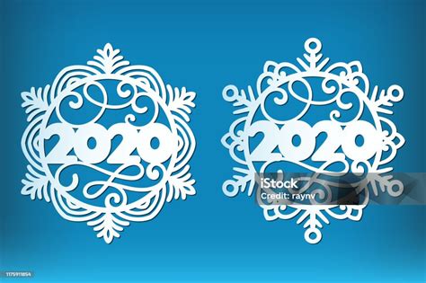 구름에 매달려 눈송이 형태로 레이저 컷 번호 2020 템플릿 눈송이와 크리스마스 공의 템플릿 크리스마스 장식을 잘라 12월에 대한 스톡 벡터 아트 및 기타 이미지 Istock