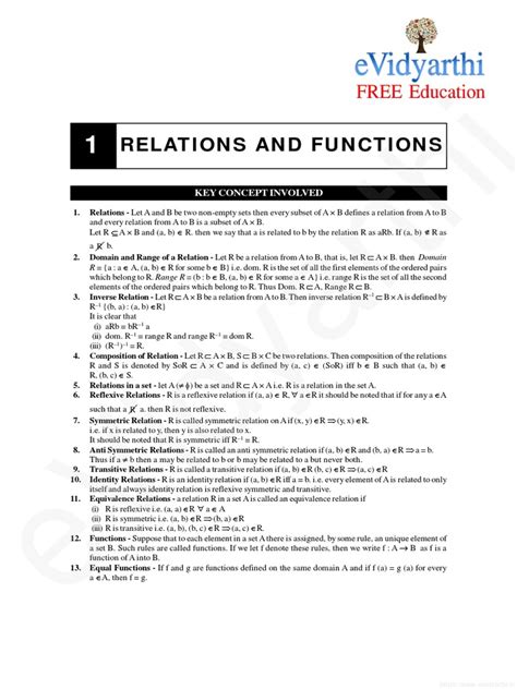 Class 12 Chapter 1 Maths Important Formulas Pdf Function
