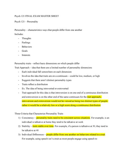Psych 121 Final EXAM Notes Psych 121 FINAL EXAM MASTER SHEET Psych