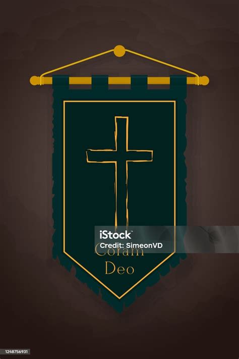 중세 페넌트 기독교 십자가와 비문 코람 데오와 플래그 쉬운 교체 가능한 엠블럼으로 게임을위한 찢어진 오래된 배너 벽 걸이 헤럴드 플래그 디자인 공란에 대한 스톡 벡터 아트