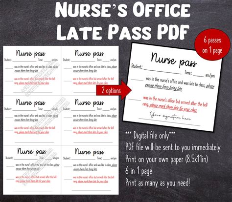 Nurses Office Late Pass For School Nurses Pdf File Etsy