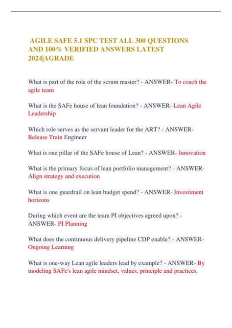 Agile Safe 5 1 Spc Test All 300 Questions And 100 Verified Answers Latest 2024 Agrade Agile