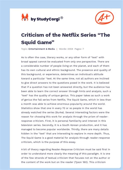 Criticism Of The Netflix Series The Squid Game Free Essay Example