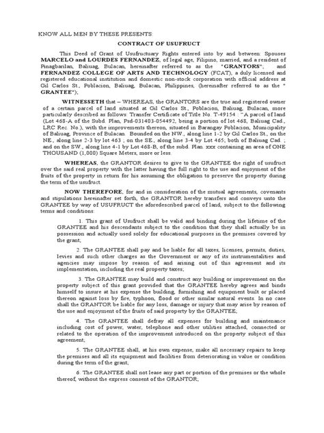 Usufruct Contract Fcat Baliwag Pdf Taxes Deed