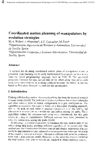 Pdf Coordinated Motion Planning Of Manipulators By Evolution Strategies