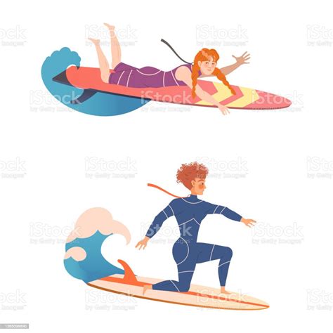 수영복 서핑 세트에 있는 사람들 서핑 보드 만화 벡터 일러스트에 바다 또는 바다 파도를 타고 남자와 소녀 남성에 대한 스톡 벡터 아트 및 기타 이미지 Istock
