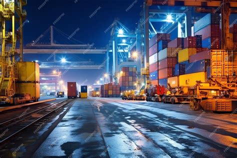 Nighttime Container Yard Illumination Premium Ai Generated Image