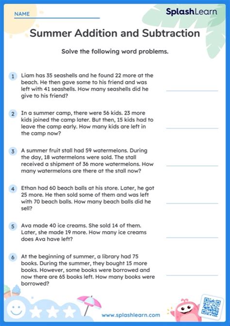 Add And Subtract Within 100 Summer Word Problems — Printable Math