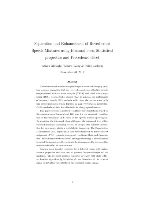Pdf Separation And Enhancement Of Reverberant Speech Mixtures Using