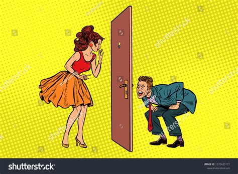 Man Woman Looking Through Door Peephole Stock Illustration 1373435177 Shutterstock