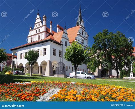 Flowers And Townhall In Levoca Slovakia Stock Image Image Of