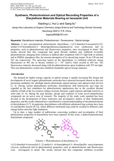 Synthesis Photochromism And Optical Recording Properties Of A