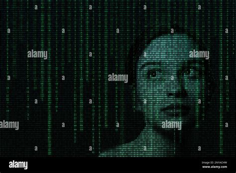 Female Face With Matrix Digital Numbers Artifical Intelligence Ai Theme With Human Face Virtual