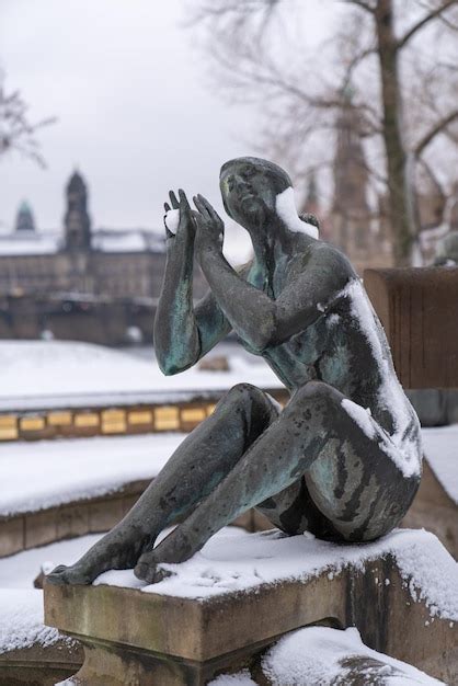 Garota De Topless Na Neve Estatuto Nua Foto Premium