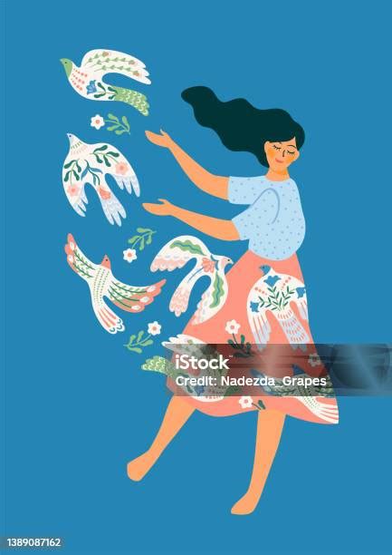 平和平和の女性と鳩ベクターイラストレーションカードポスターチラシなどの要素 動物のベクターアート素材や画像を多数ご用意 動物