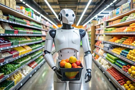 White Domestic Robot With Shoping Cart In A Grocery Store Robot Helper