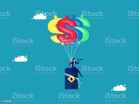 사업가는 석유 투자를 봅니다 돈 풍선으로 떠 다니는 기름통 가격에 대한 스톡 벡터 아트 및 기타 이미지 가격 가솔린 감소 Istock