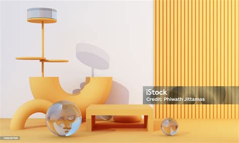 3d 렌더링 사실적인 프리미티브 구성 배경에서 움직이는 기하학적 모양 트렌디한 디자인을 위한 추상적인 테마 구체 토러스 튜브 노란색 빨간색 및 회색 톤 0명에 대한 스톡