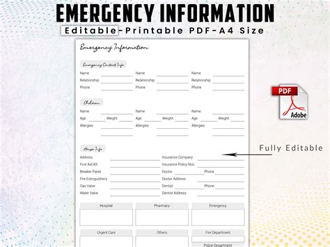 Editable Emergency Information Sheet Emergency Contact Information Emergency Contact Form