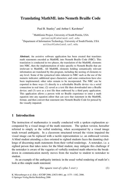 PDF Translating MathML Into Nemeth Braille Code