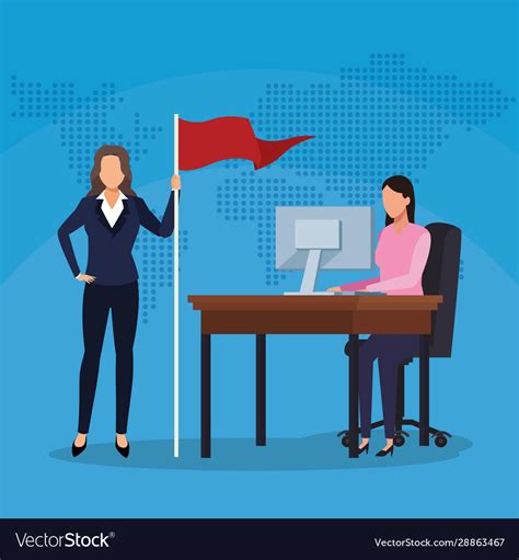 Businesswomen With Flag And Working Computer World