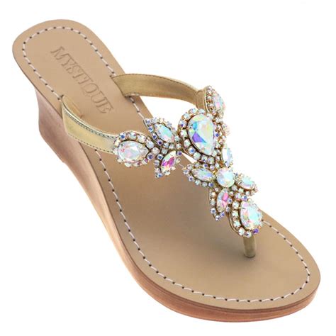 Womens Jeweled And Embellished Wedge Leather Sandals Mystique Sandals