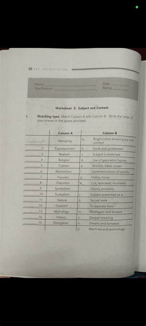 Matching Type Match Column A With Column B Write The Letter Of Your Ans