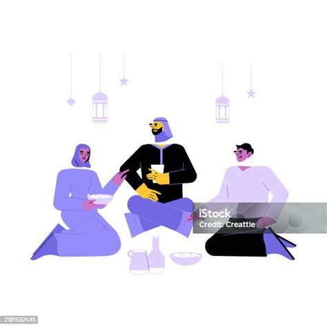 무슬림 그룹 음식 공유 플랫 벡터 일러스트 레이 션 상징 커뮤니티 공생 그리고 이프 타르 모임 흰색 배경에 고립 우정에 대한