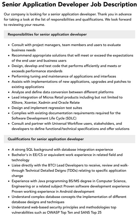 Senior Application Developer Job Description Velvet Jobs
