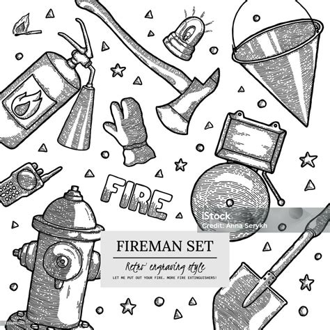 소방 빈티지 흑백 요소 포스터 표지 소셜 미디어 배너 템플릿 완성 된 레이블 광고 공석 광고판 디자인 소화기 장갑 삽 양동이 도끼 소화전 알람 간판에 대한 스톡 벡터 아트