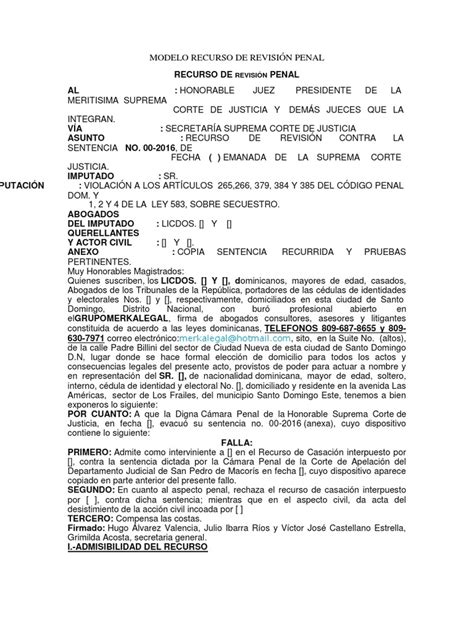 Modelo Recurso De Revisión Penal Pdf Sentencia Ley Derecho Penal