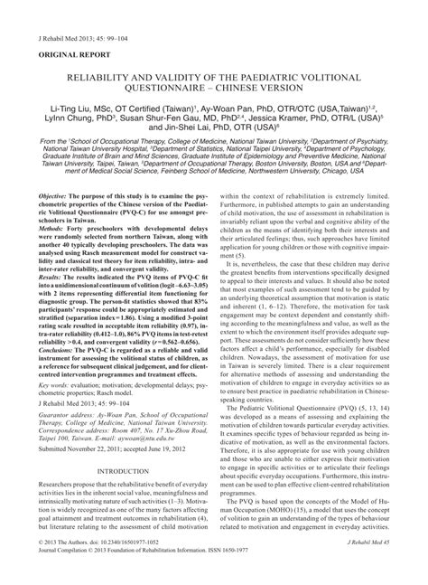 Pdf Reliability And Validity Of The Paediatric Volitional
