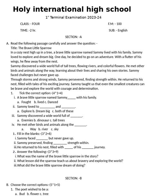Class 4 English Question Term 1 St Pdf