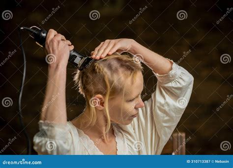 The Woman Cuts Her Hair Completely Banner Place For Text Preparation