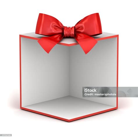 빈 디스플레이 선물 상자 배경 또는 빨간 리본 활 그림자 3d 렌더링으로 흰색 배경에 고립 된 선물 상자 쇼케이스 선물 상자에 대한 스톡 사진 및 기타 이미지 Istock