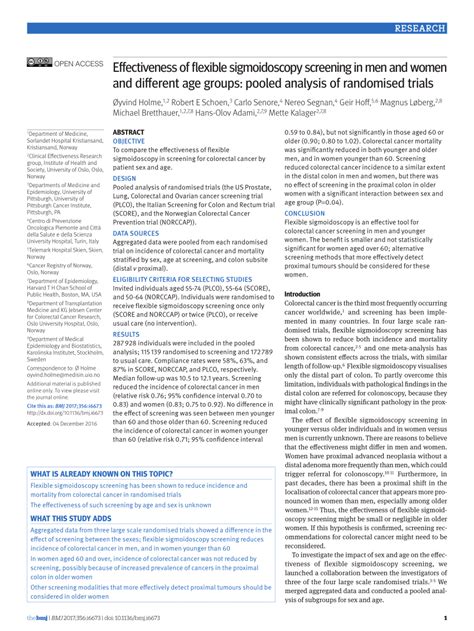 Pdf Effectiveness Of Flexible Sigmoidoscopy Screening In Men And Women And Different Age