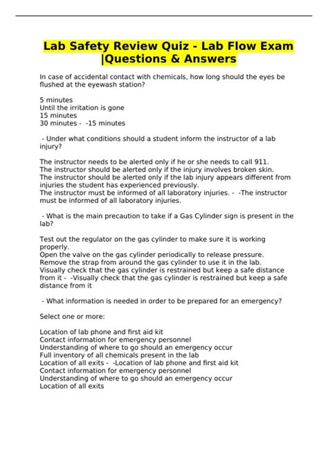 Lab Safety Review Quiz Lab Flow Exam Questions Answers Lab Safety Stuvia US