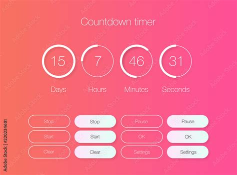 Countdown Timer Vector Website Element With Buttons Flat Digital Clock Timer Application