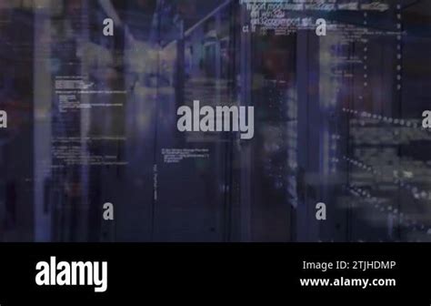Animation Of Light Spots Floating And Data Processing Against Empty Computer Server Room