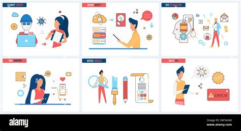 Server And Website Optimization Cybersecurity Secure Account Access And Shopping Set Vector