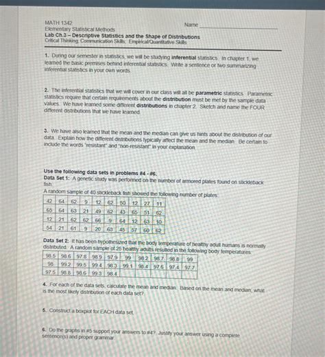 Solved Math 1342 Name Elementary Statistical Methods Lab