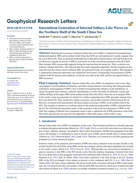 Pdf Intermittent Generation Of Internal Solitary‐like Waves On The Northern Shelf Of The South