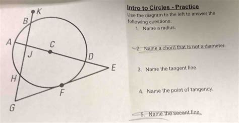 Intro To Circles Practice Use The Diagram To The Left To Answer The