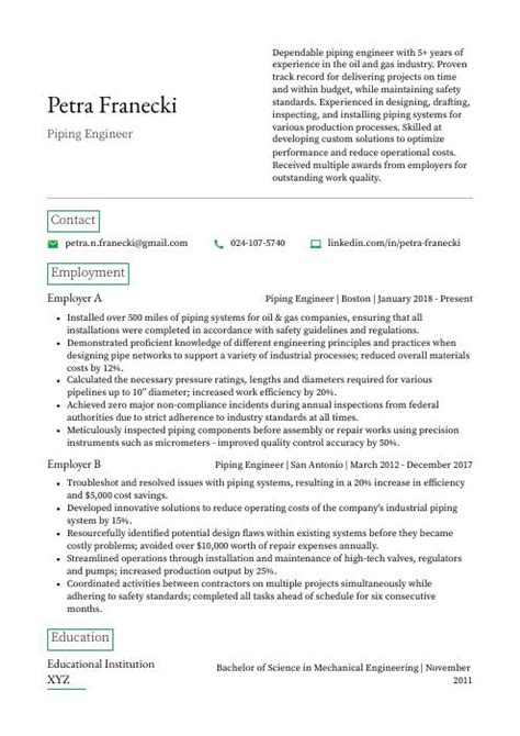 Piping Engineer Resume Cv Example And Writing Guide