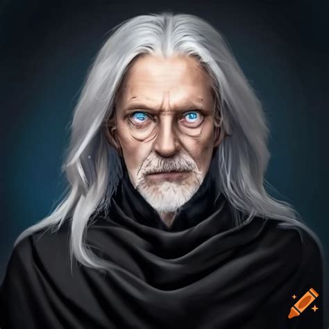 Portrait Of A 55 Year Old Magician With Blue Eyes And Long Gray Blond