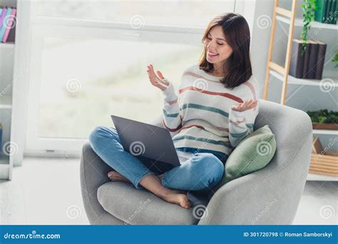 Full Size Portrait Of Attractive Cheerful Girl Sit Barefoot Chair