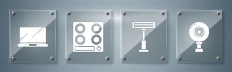 웹 카메라 전기 히터 가스 렌지 및 노트북을 설정하십시오 정사각형 유리 패널 벡터 Brand Name Online Messaging Platform에 대한 스톡 벡터 아트