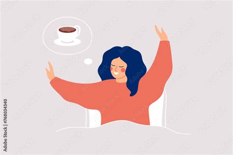 Woman Stretches In The Bed And Thinking About Coffee Happy Girl Wakes