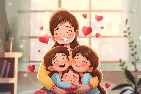 Una Caricatura De Una Madre Abrazando A Sus Hijos Foto Premium